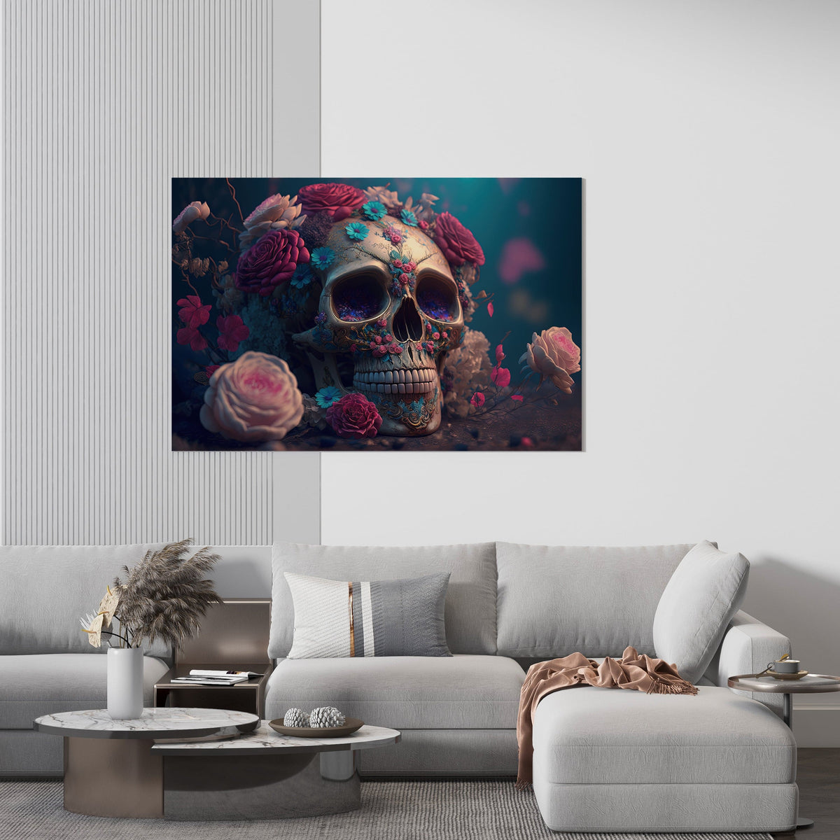 Sugar Skull Print Canvas Wall Art - Flower Skull Canvas Print Canada ...